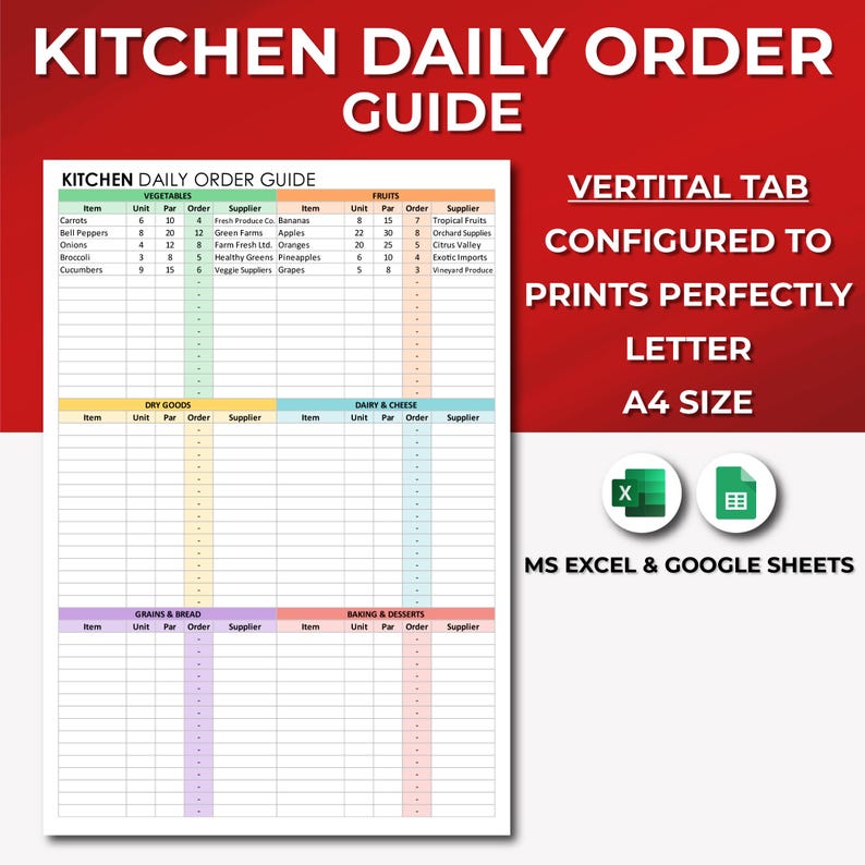 Restaurant Kitchen Spteadsheet Template, Kitchen Daily Order, Excel ...