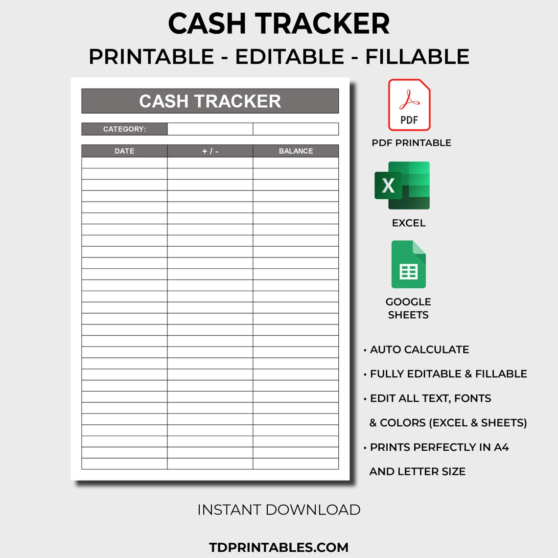 Cash Tracker Printable Editable Fillable. PDF Money Log Printable ...