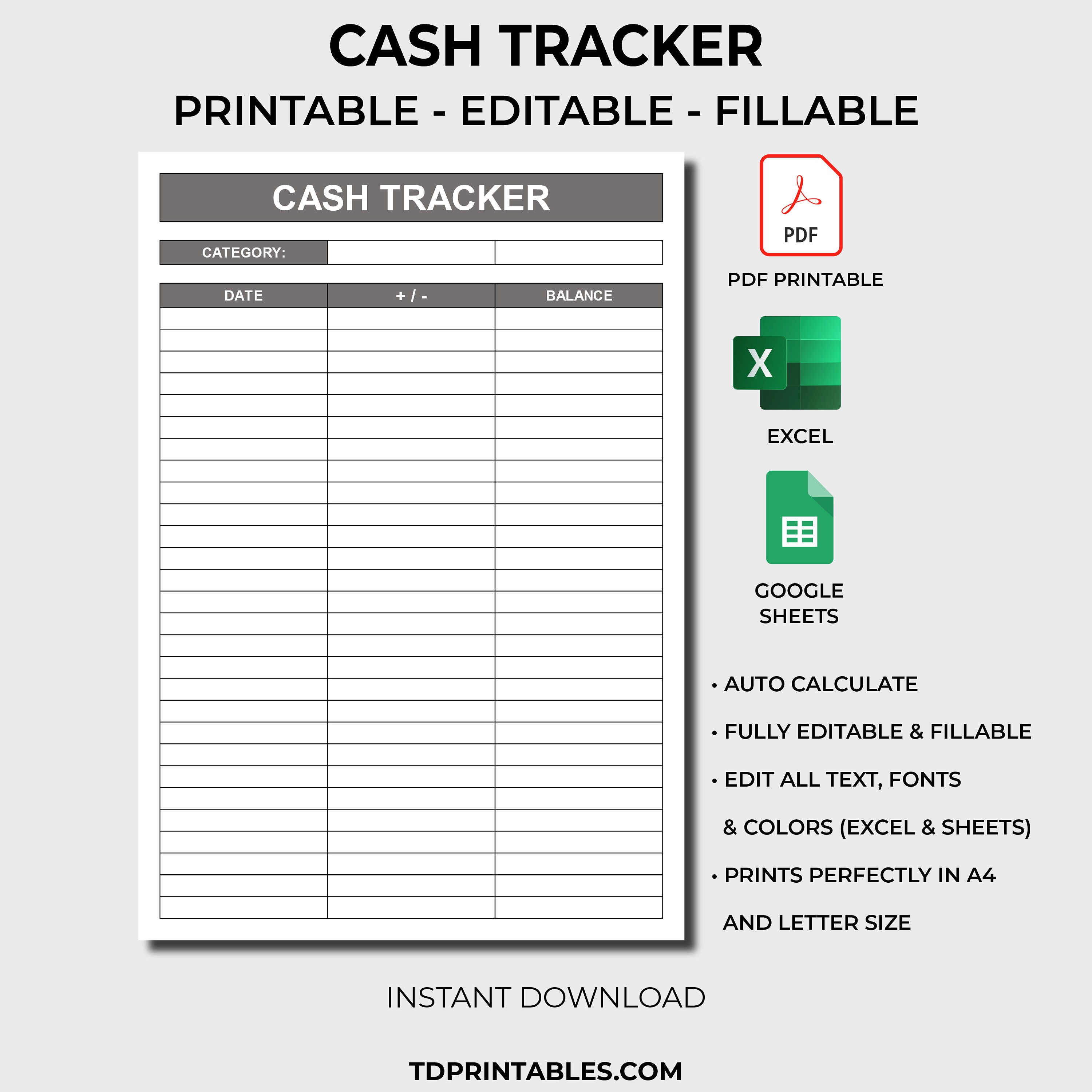 Cash Tracker Printable Editable Fillable. PDF Money Log Printable ...