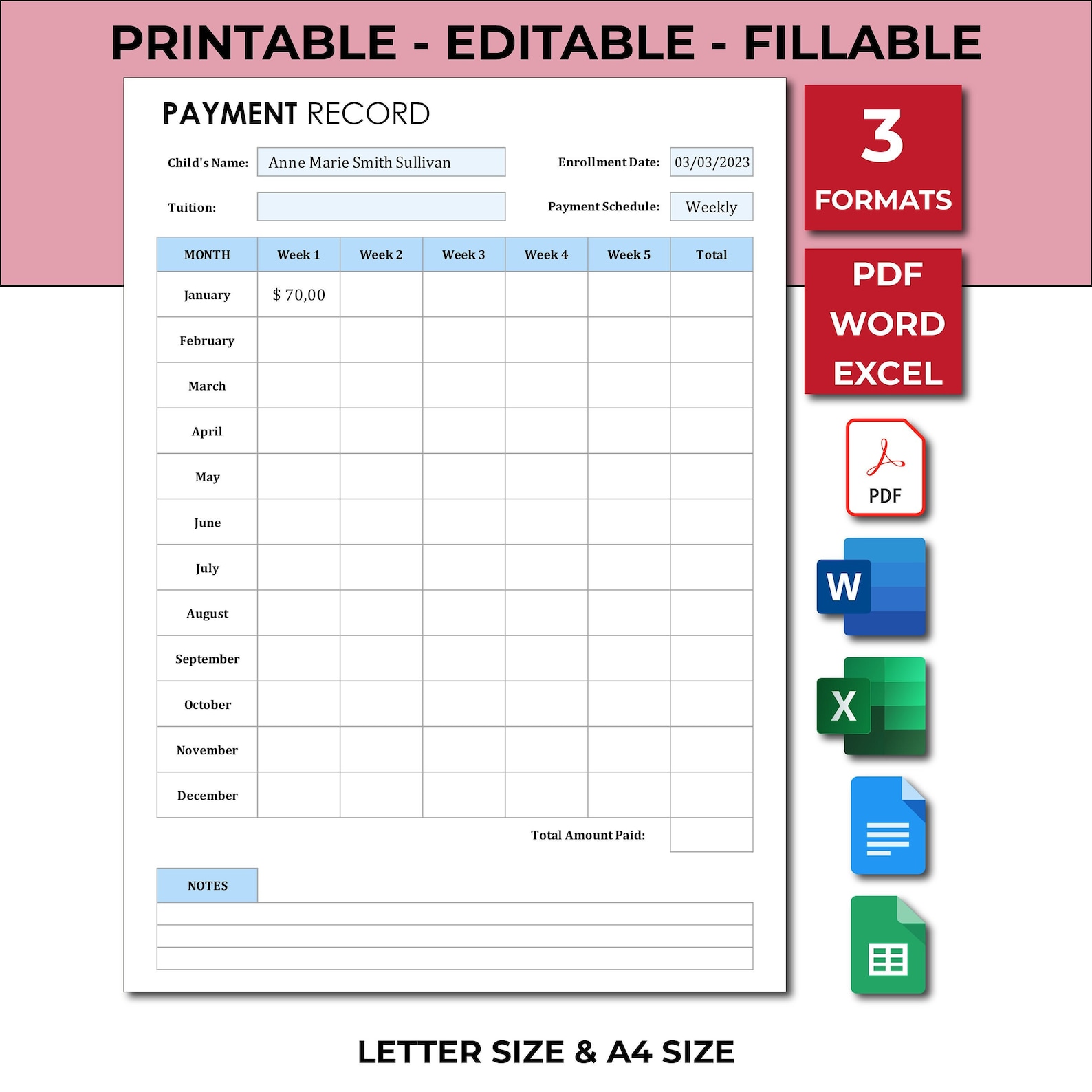 Child Care Payment Record. Printable Payment Record for Child Care ...