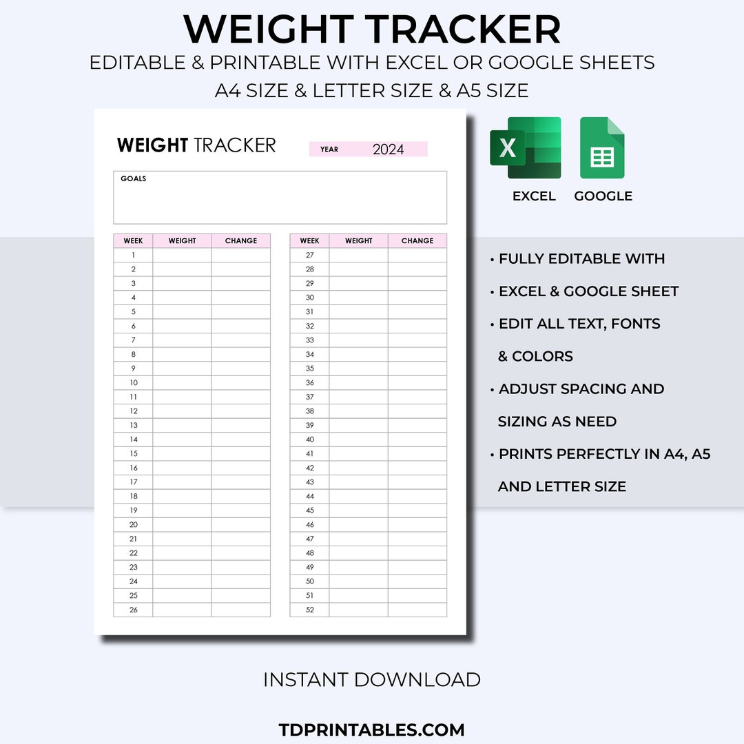 Editable & Printable Weight Tracker,weight Loss Tracker,weight Loss ...