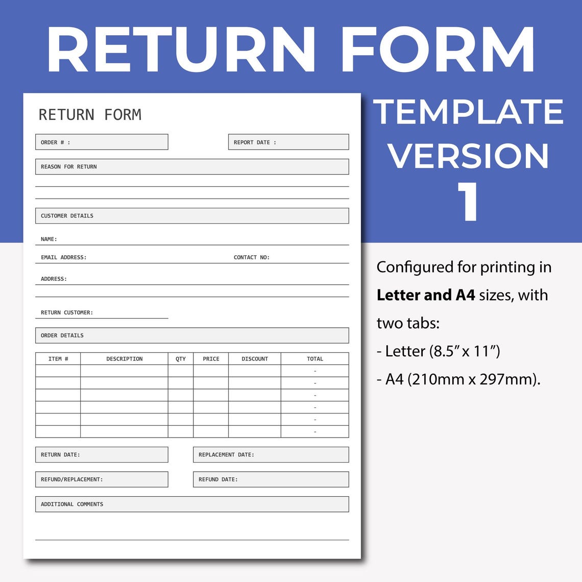 Order Return & Exchange Form Template | Refund Request Form | Editable ...