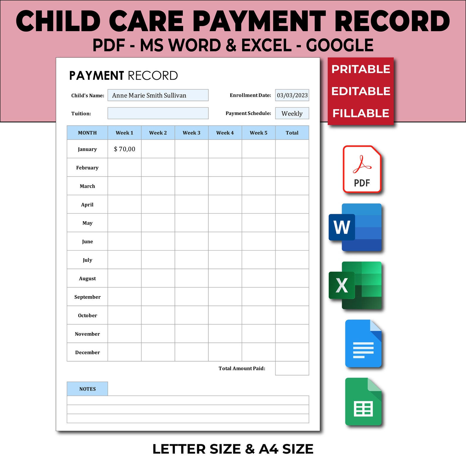Child Care Payment Record. Printable Payment Record for Child Care ...