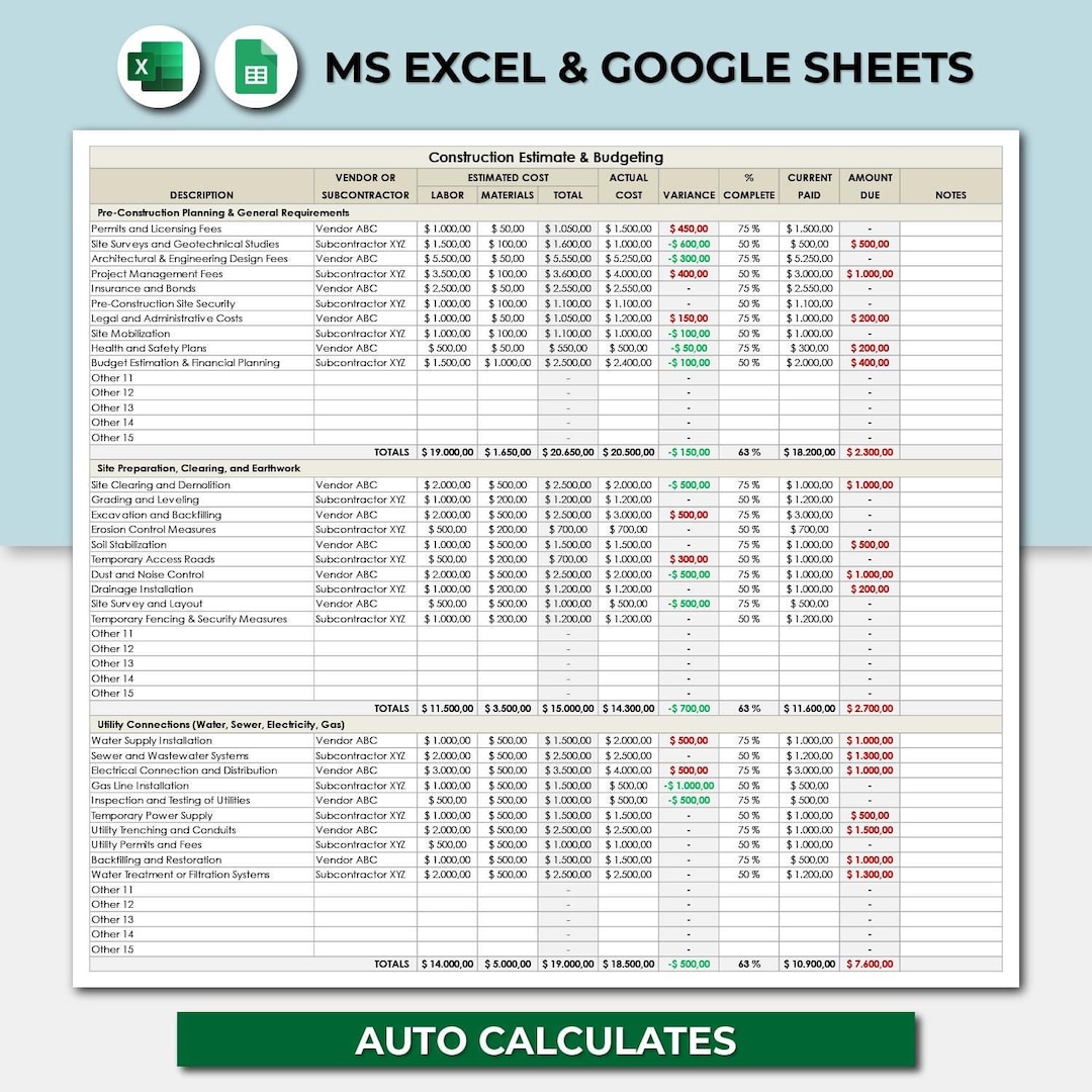 Building Budget and Estimate Worksheet. Building Cost Tracker Template ...