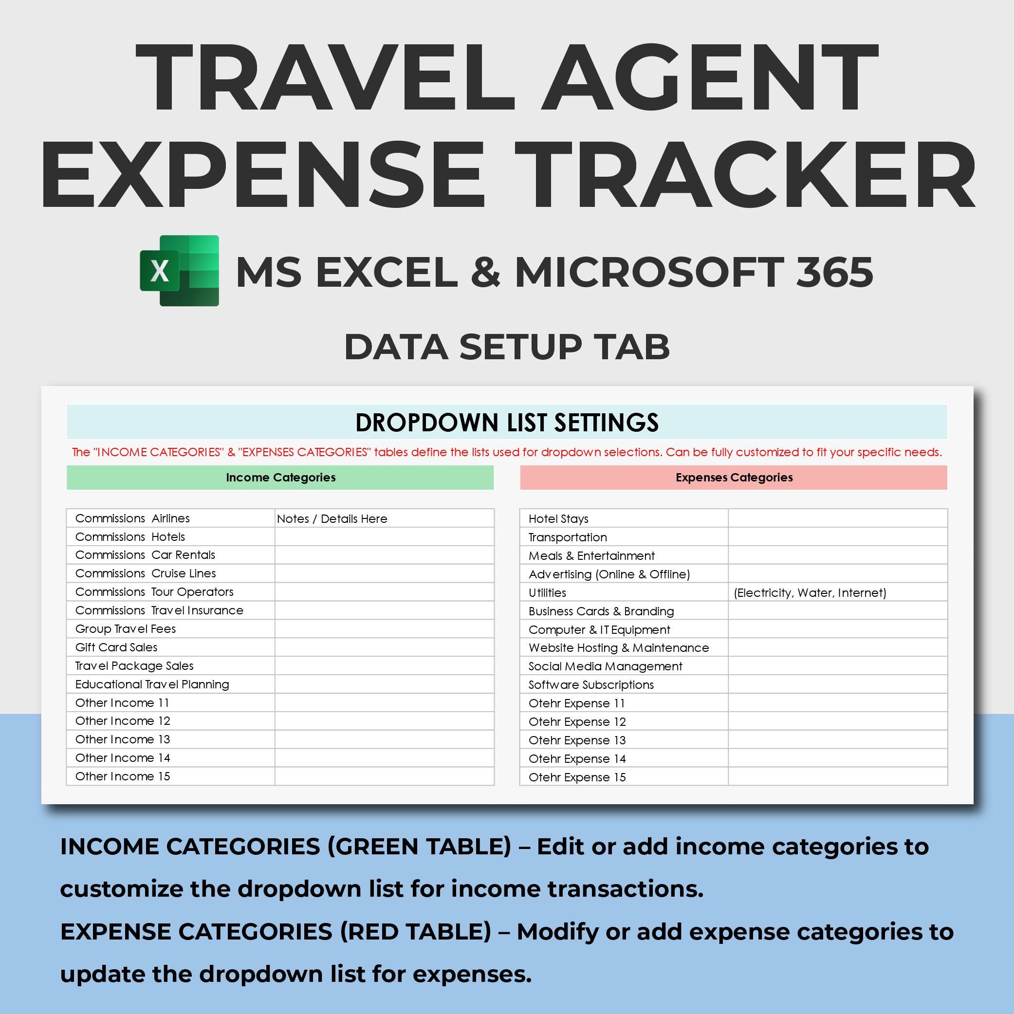 Travel Agent Expense Tracker | Excel 365 Spredsheet Template | Travel ...