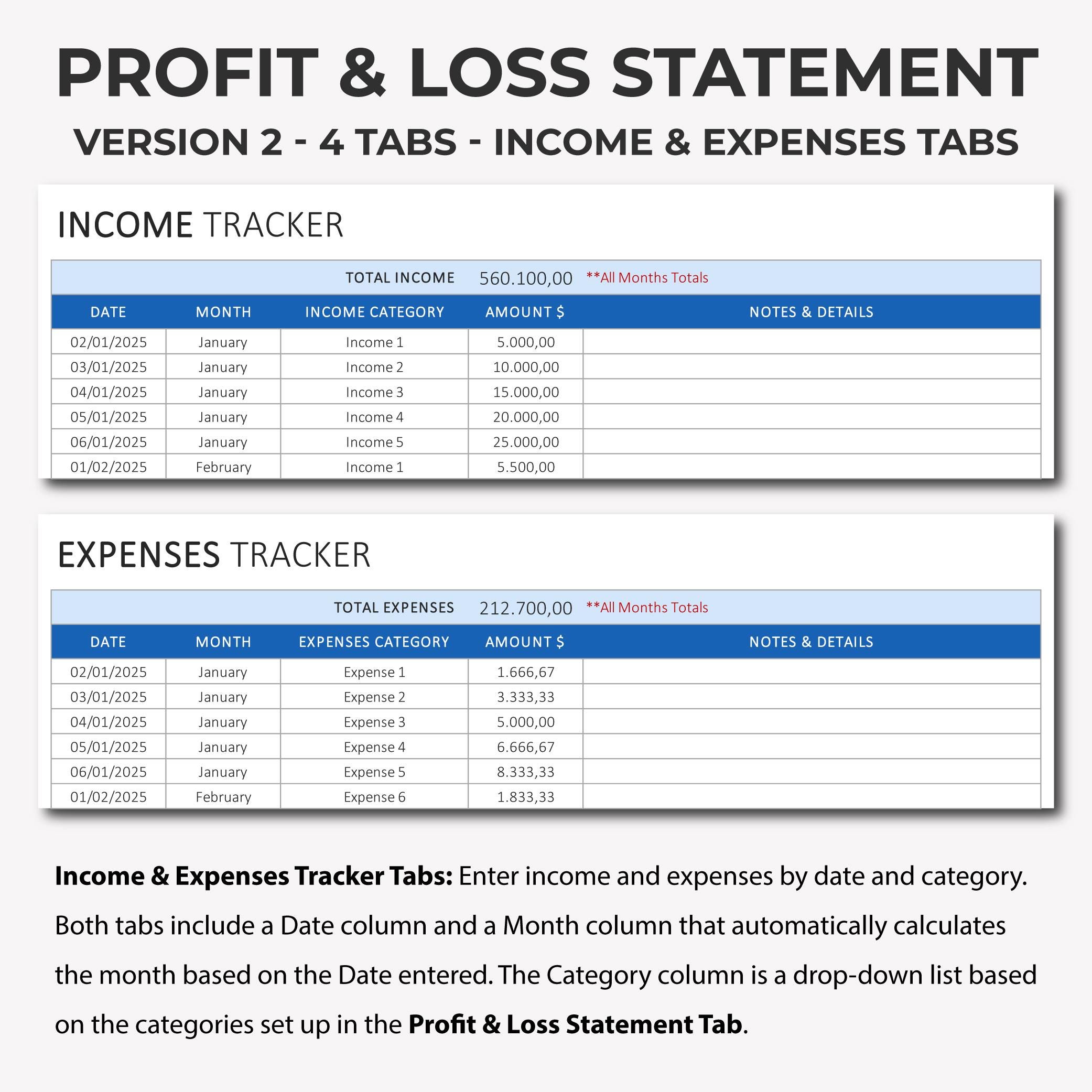 Monthly Profit & Loss Statement Template - Excel Google Sheets Template ...