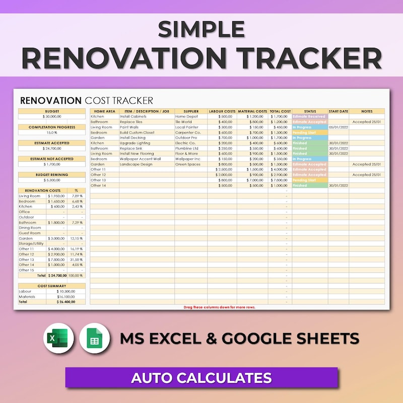 Spreadsheet Home Repair - Etsy