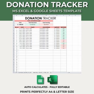 Donation Tracker Spreadsheet Template. Excel & Google Sheets. Donation List. Donation Log. Tax ...
