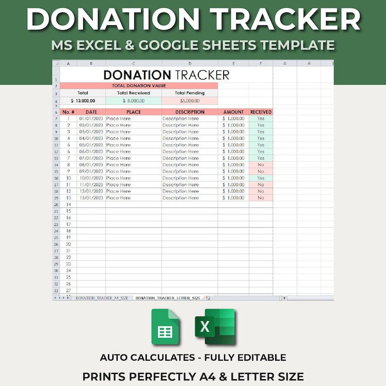 Donation Tracker Spreadsheet Template. Excel & Google Sheets. Donation ... Donation Tracker Spreadsheet Template. Excel & Google Sheets. Donation ...