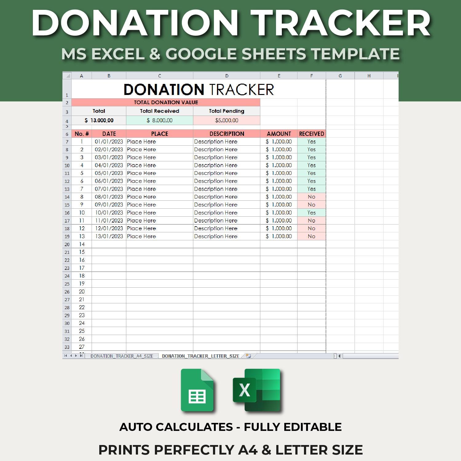 Donation Tracker Spreadsheet Template. Excel & Google Sheets. Donation ...