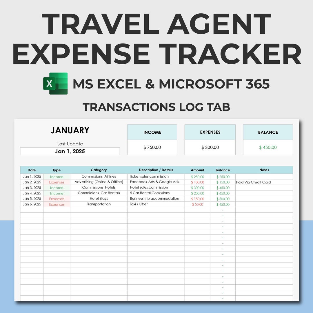 Travel Agent Expense Tracker | Excel 365 Spredsheet Template | Travel ...