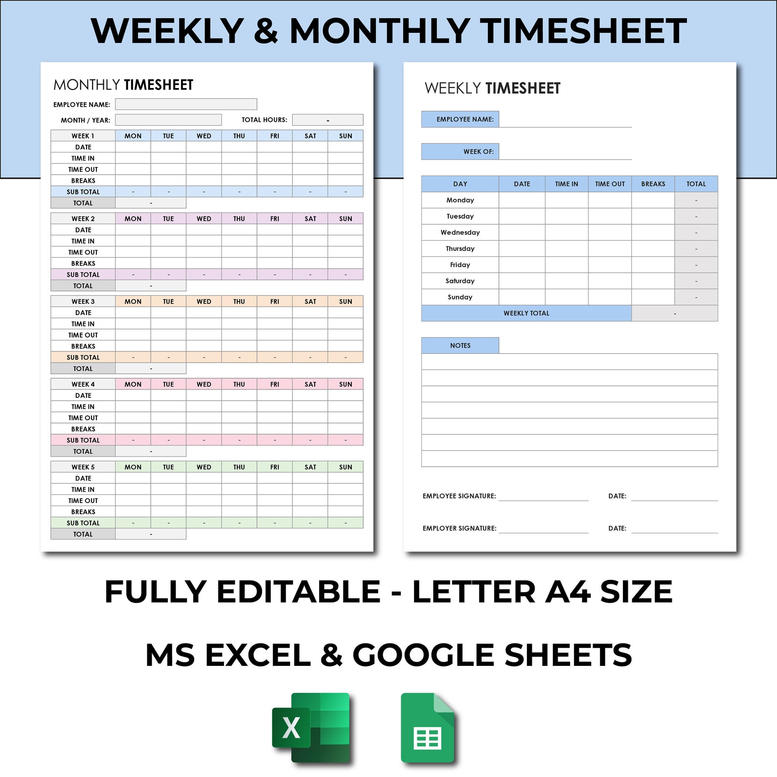 Printable Employee Time Sheet. Weekly Time Tracker Spreadsheet Template ...