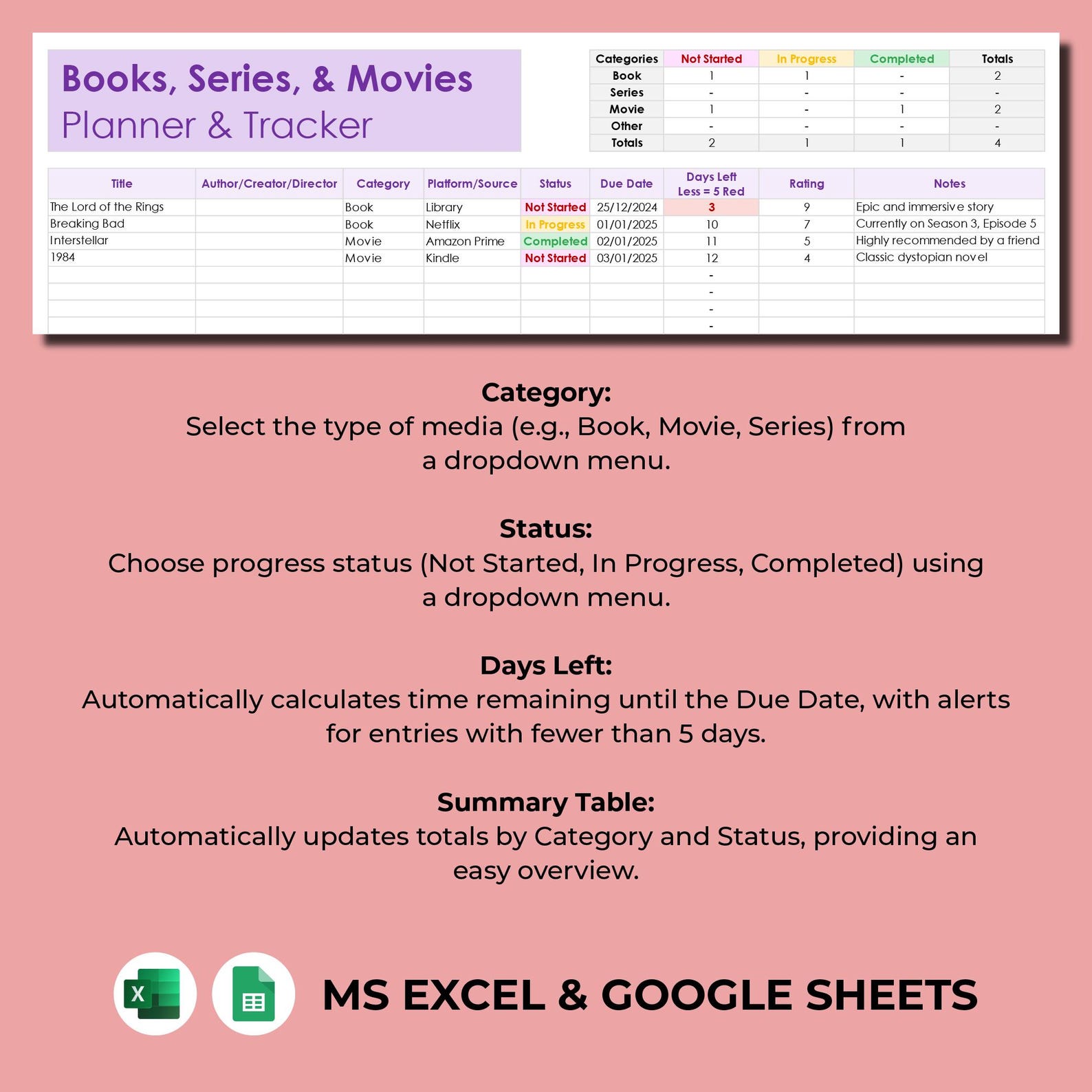 Books Series & Movies Planner Tracker Spredsheet Template, Excel Google ...