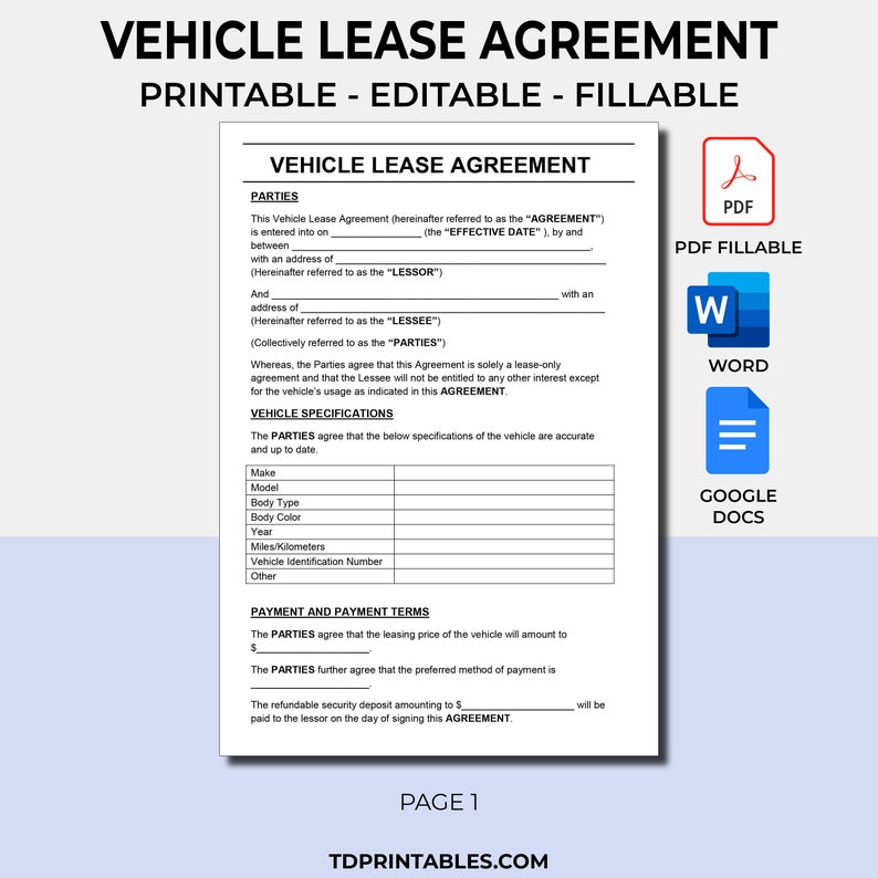 Truck Lease Agreement Template. PDF Fillable & Printable. Editable Ms ...
