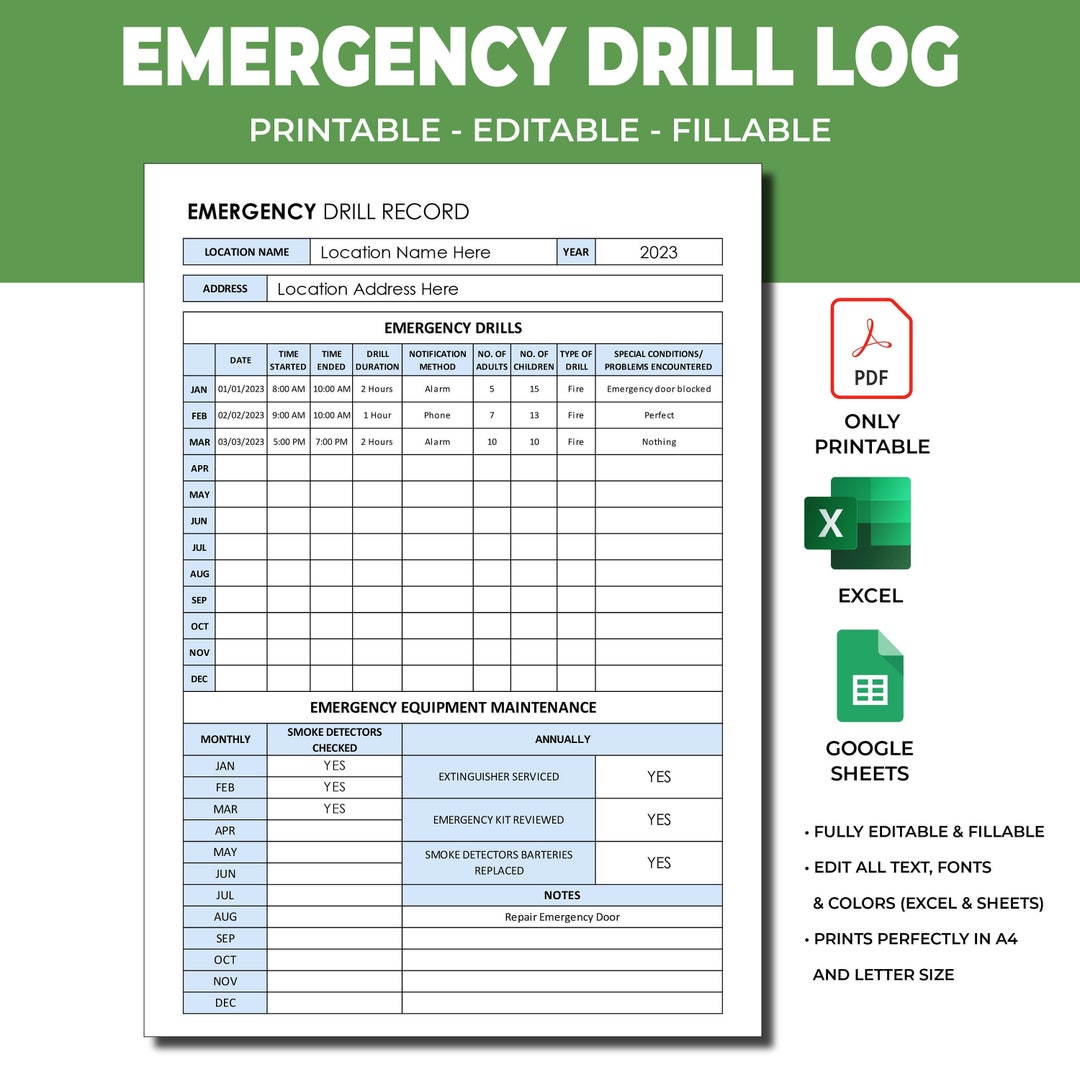 Printable Emergency Evacuation Log. Emergency Drill Record. Fire Drill ...