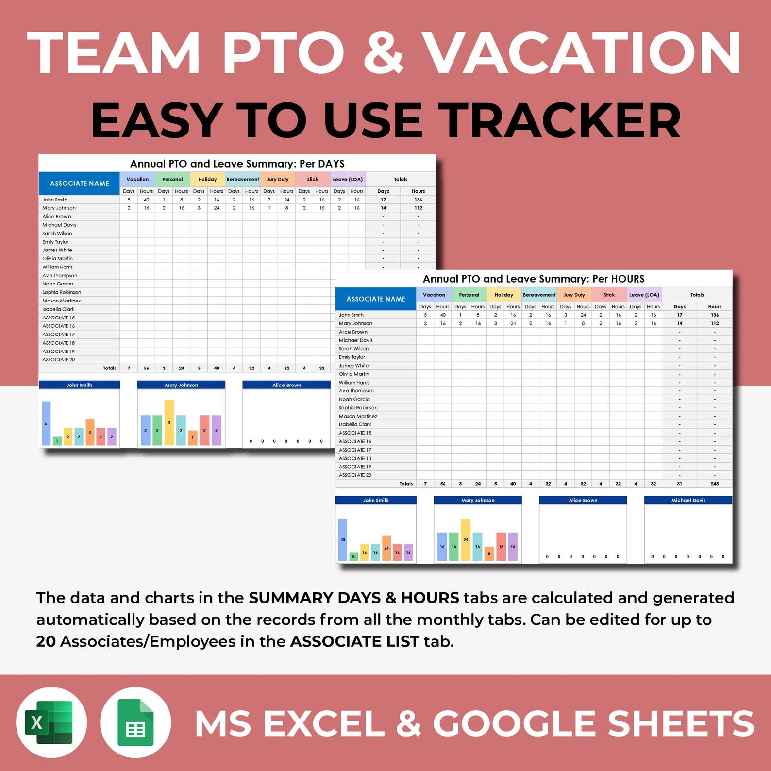 Pto Tracker Excel Google Sheet Spreadsheet Template, Associate Vacation ...