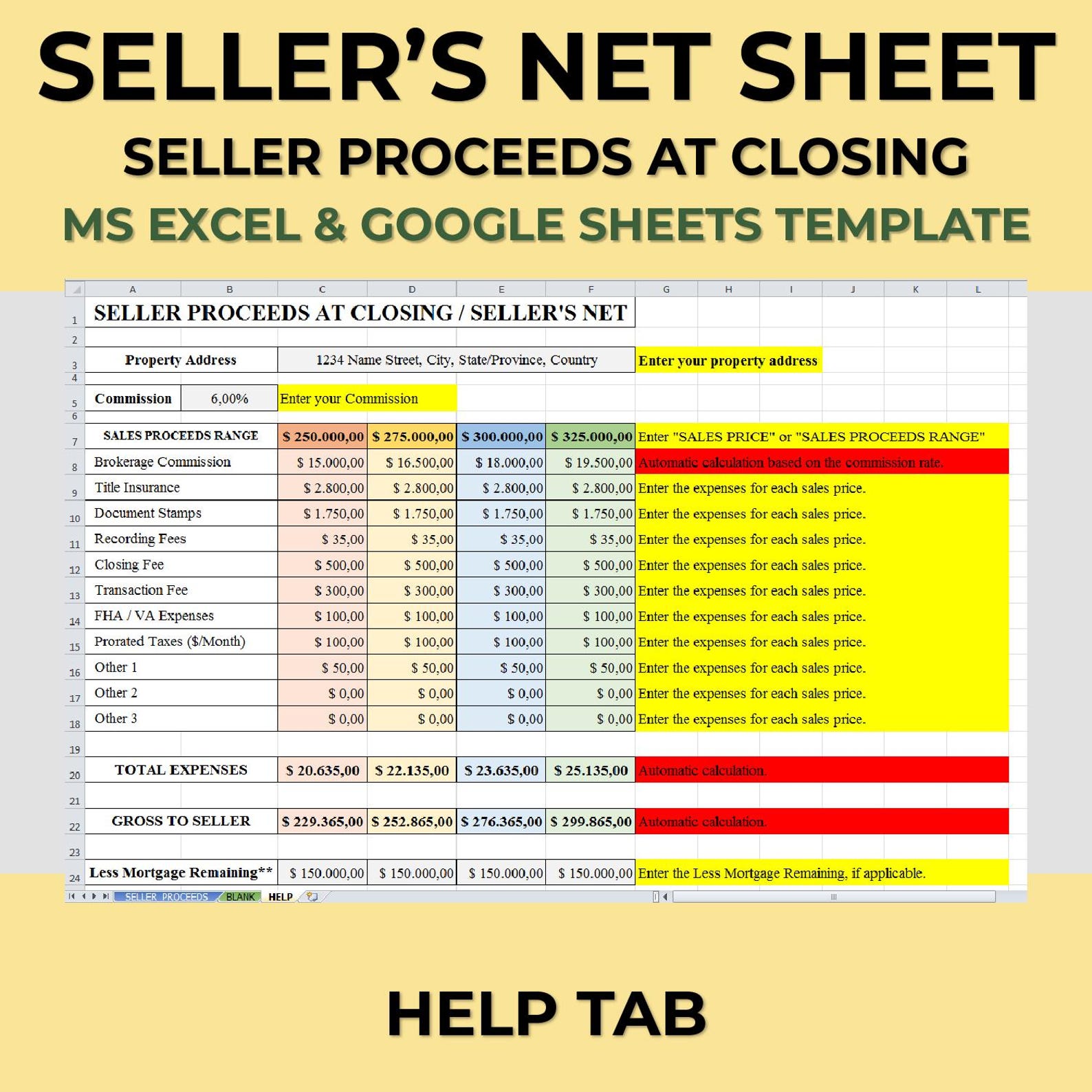Seller's Net Spreadsheet. Seller Proceeds Sheet. Seller Estimated ...