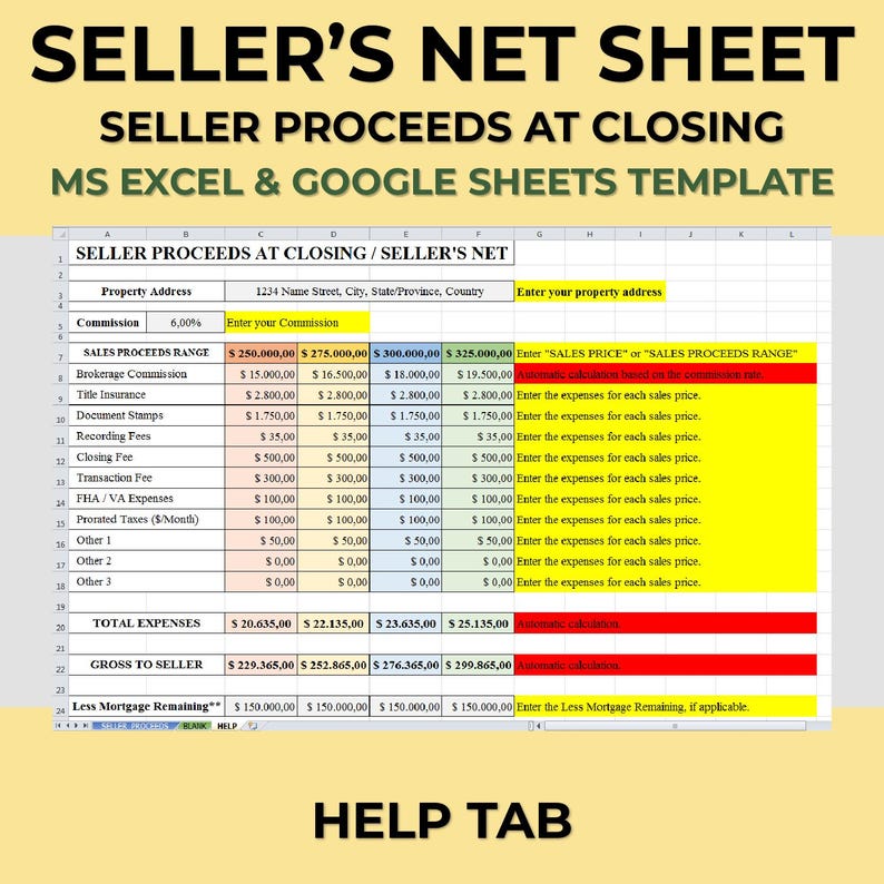 Seller's Net Spreadsheet. Seller Proceeds Sheet. Seller Estimated ...