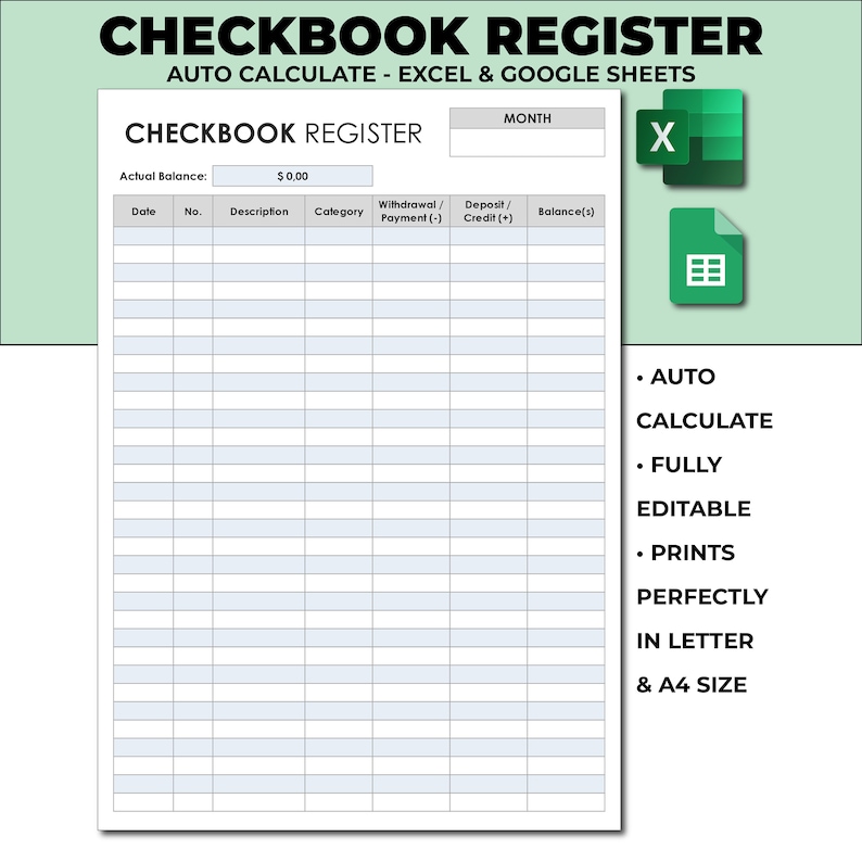 Checkbook Register Excel Spreadsheet Template. Excel Checkbook Register Template. Checkbook ...