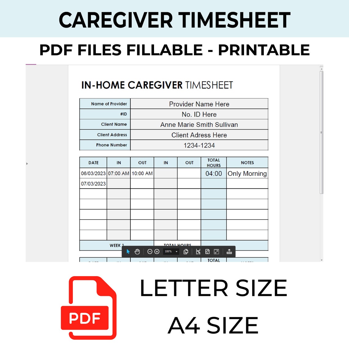Editable Caregiver Timesheet, Home Health Care Time Sheet, Caregiver ...