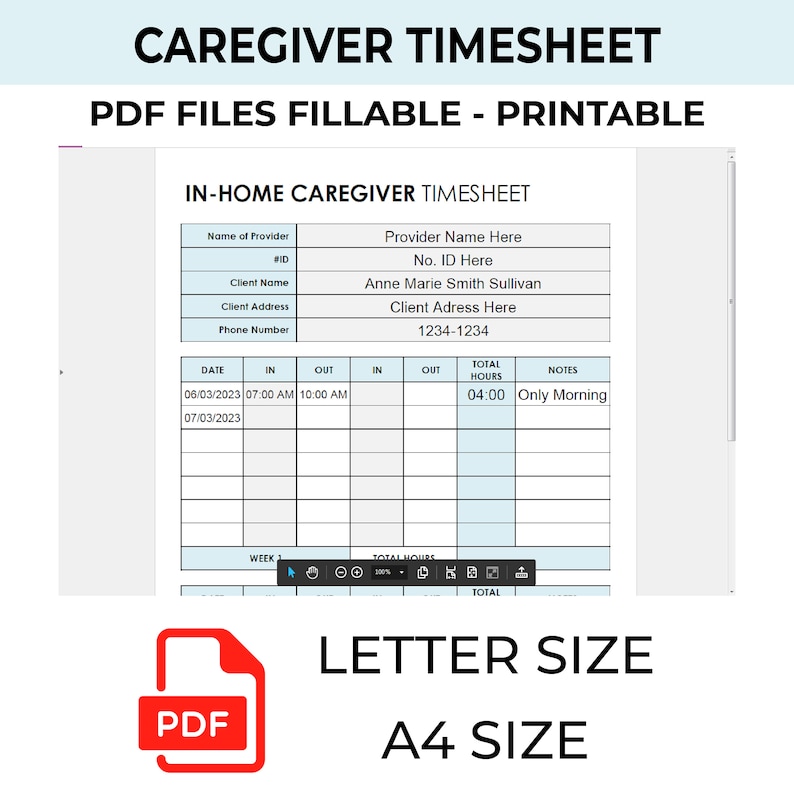 Editable Caregiver Timesheet, Home Health Care Time Sheet, Caregiver ...