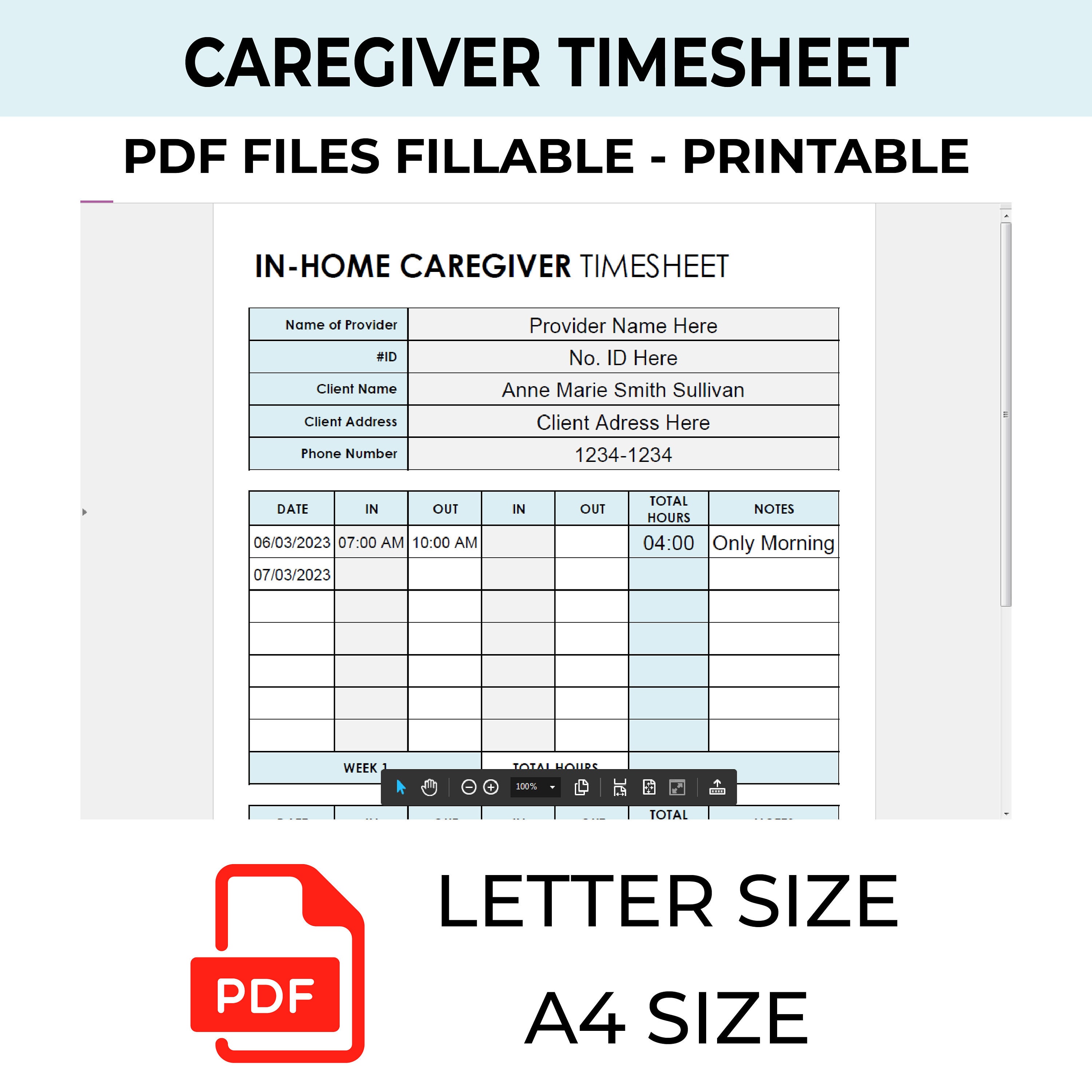Editable Caregiver Timesheet, Home Health Care Time Sheet, Caregiver ...