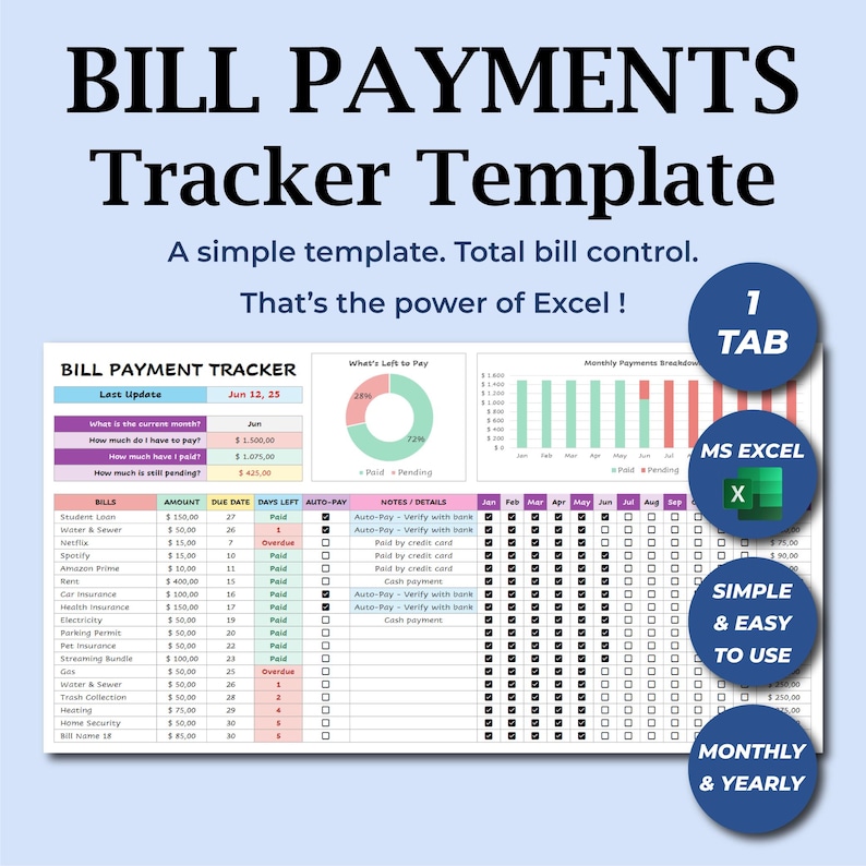 Excel Bill Tracker Template, Monthly Payment Tracking Spreadsheet, Bill ...