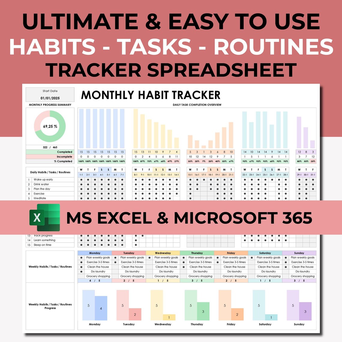 Habit Task Routine Tracker Spreadsheet, EXCEL 365 Template, Daily ...