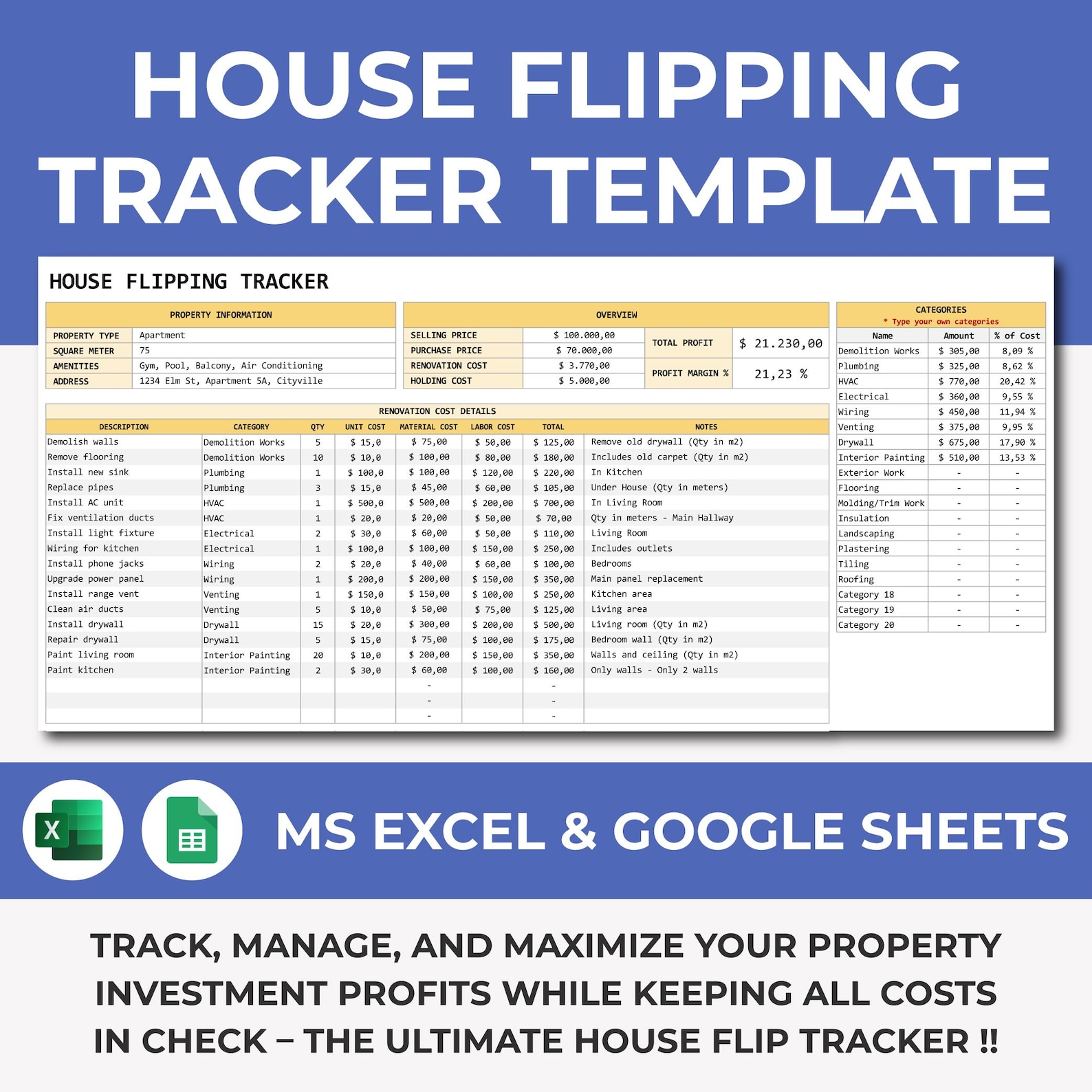 House Flip, Property Renovations Spreadsheet, Real Estate Flip ...