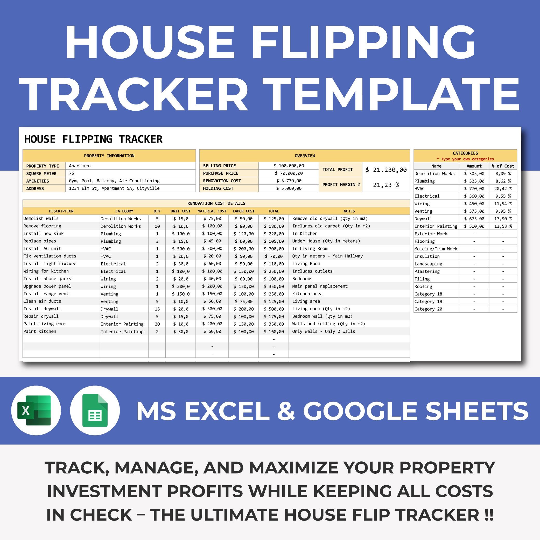 House Flip, Property Renovations Spreadsheet, Real Estate Flip ...