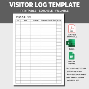 Editable & Printable Visitor Log. Visitor Sign in / Sign Out Sheet ...