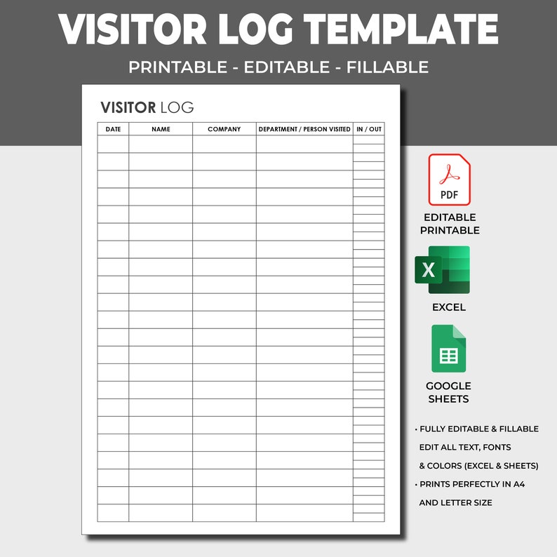 Editable & Printable Visitor Log. Visitor Sign in / Sign Out Sheet ...