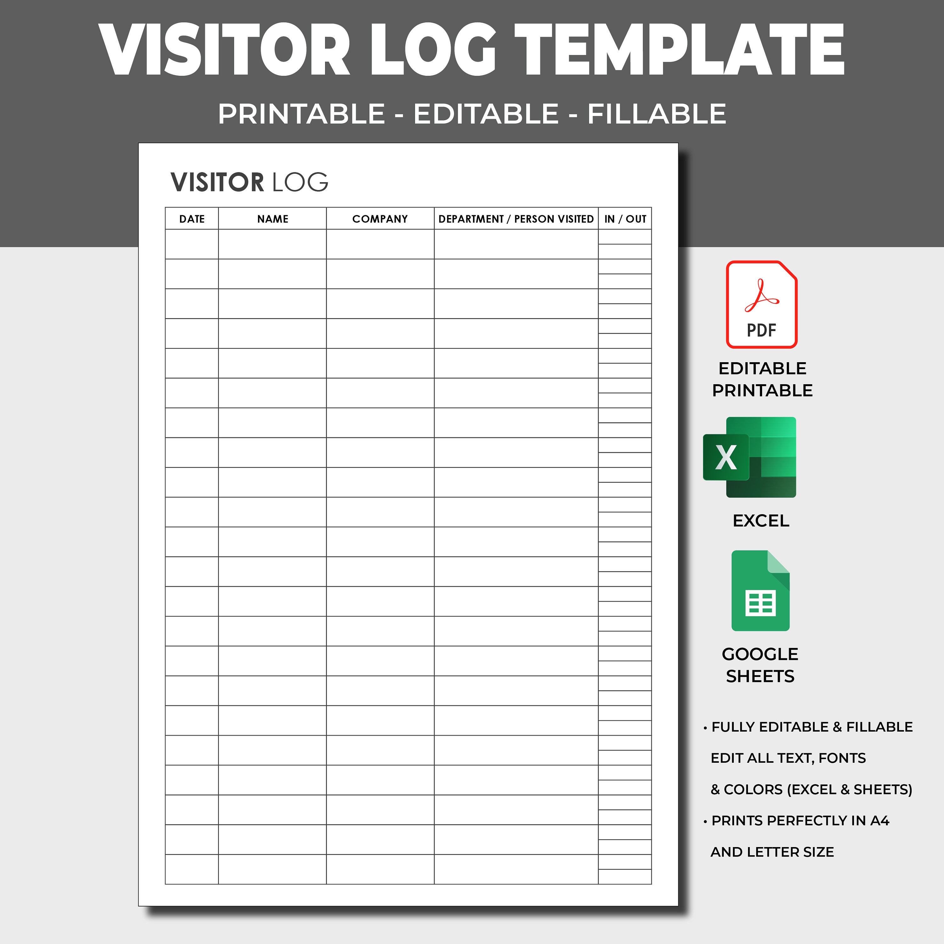 Editable & Printable Visitor Log. Visitor Sign in / Sign Out Sheet ...