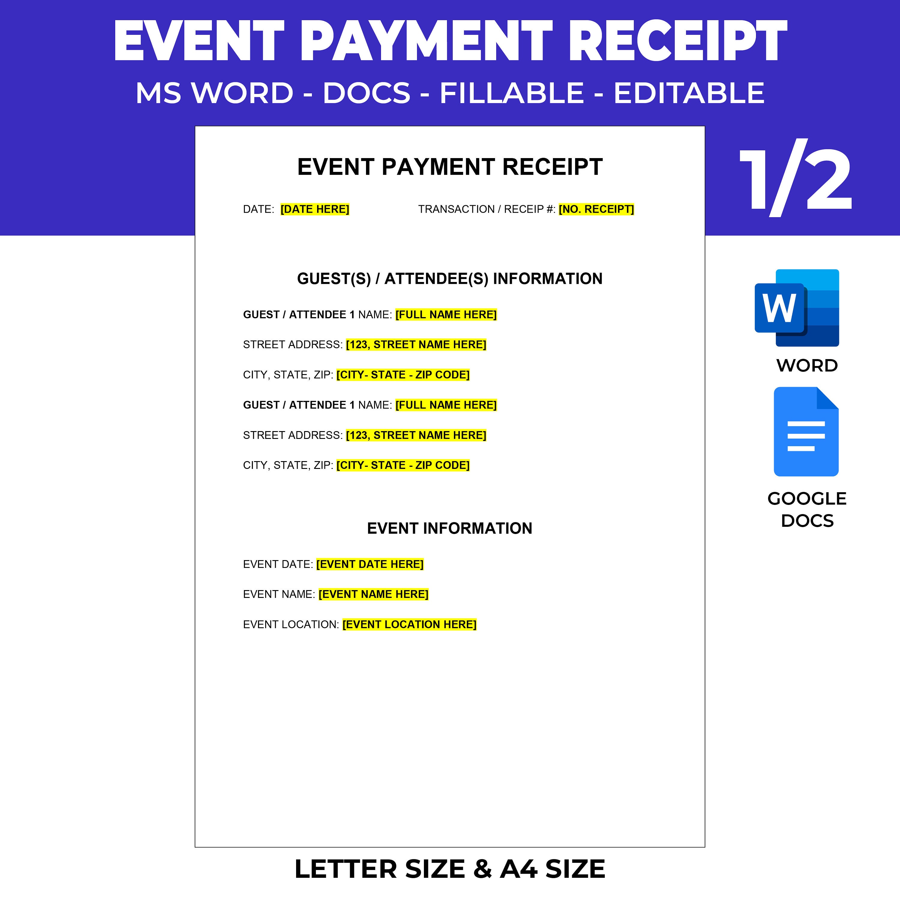 Event Payment Receipt Form, Event Payment Record Template, Printable ...