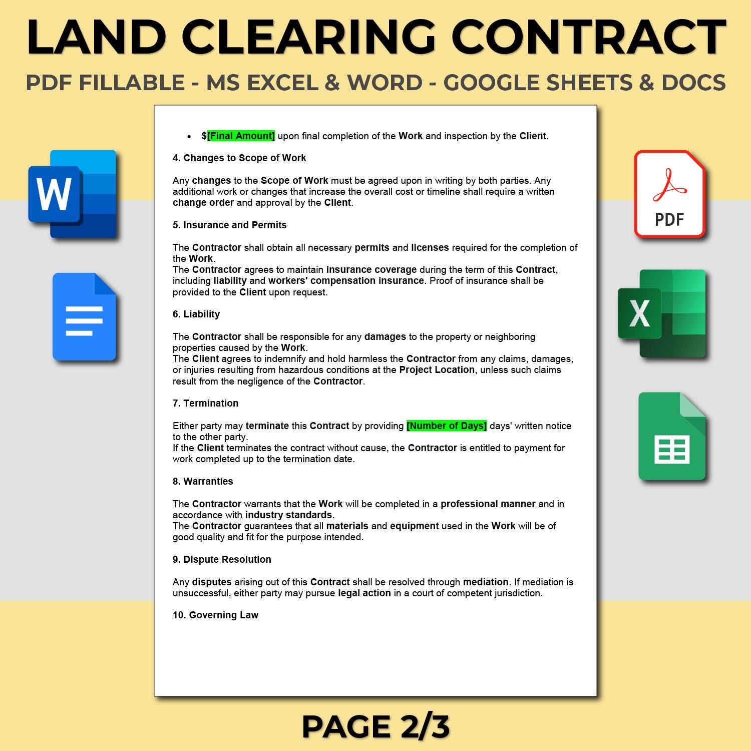 Land Clearing Contract Template. Editable & Fillable Professional ...