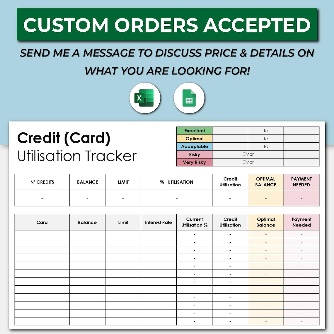 Credit Card Utilisation Tracker Spreadsheet Template. Excel and Google ...