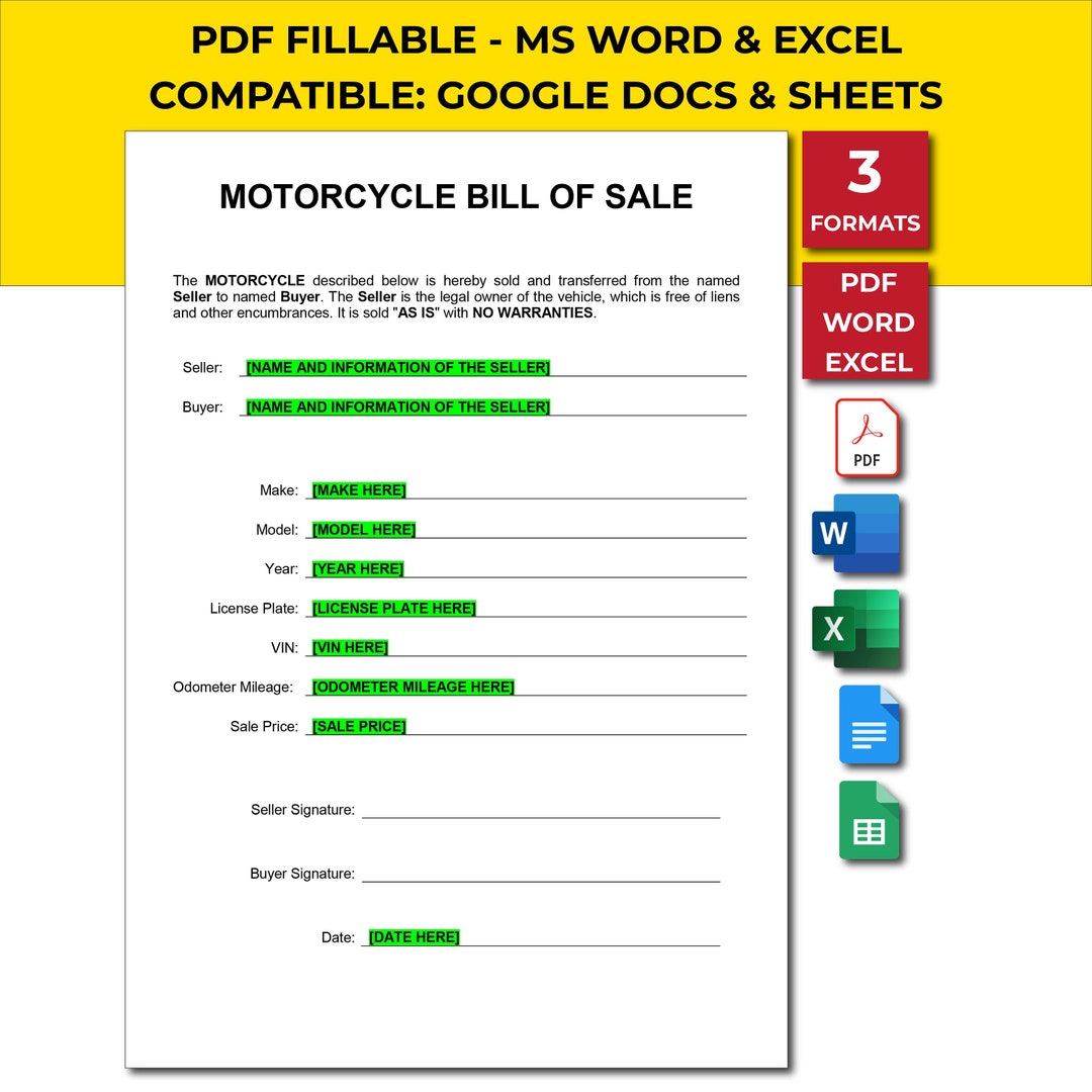 Motorcycle Bill of Sale, Motorcycle Purchase Agreement, Motorcycle Sale ...