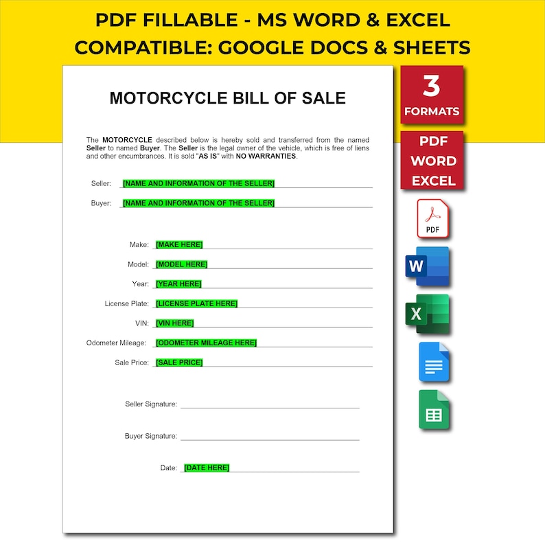 Motorcycle Bill of Sale, Motorcycle Purchase Agreement, Motorcycle Sale ...