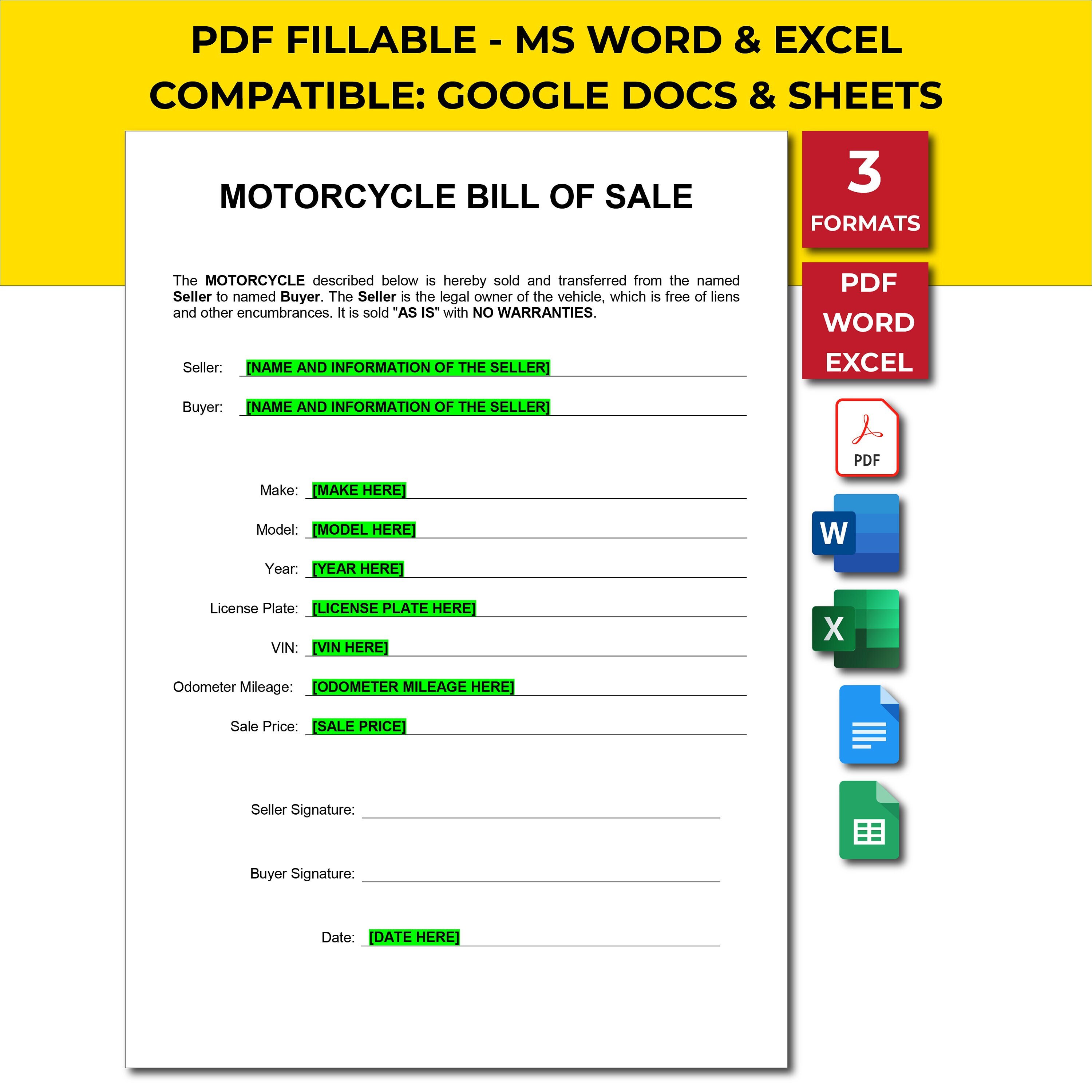 Motorcycle Bill of Sale, Motorcycle Purchase Agreement, Motorcycle Sale ...