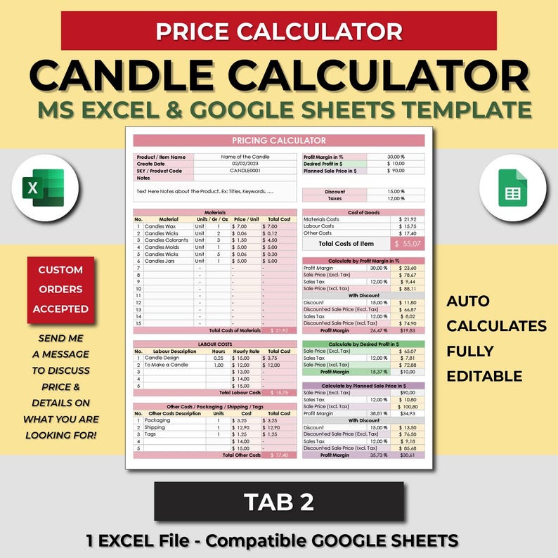 Candle Price Calculator Spreadsheet Template. Handmade Candles Pricing ...
