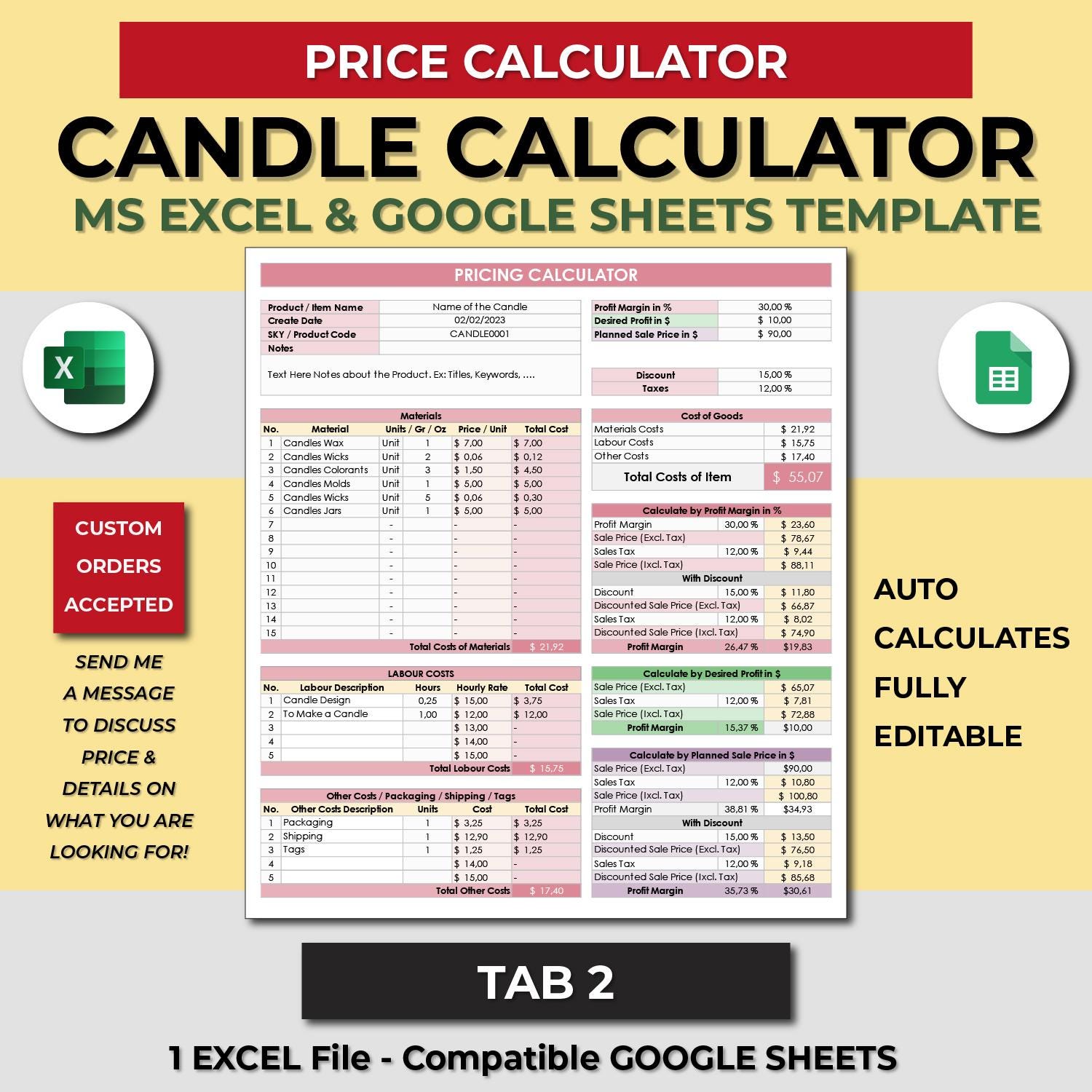 Candle Price Calculator Spreadsheet Template. Handmade Candles Pricing ...