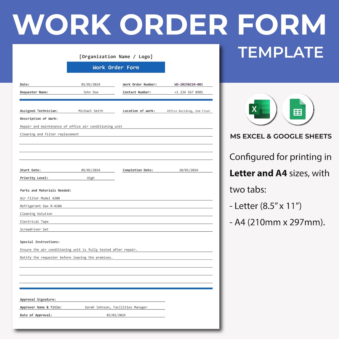 Simple Work Order Form Template | Printable Editable Excel Spreadsheet ...