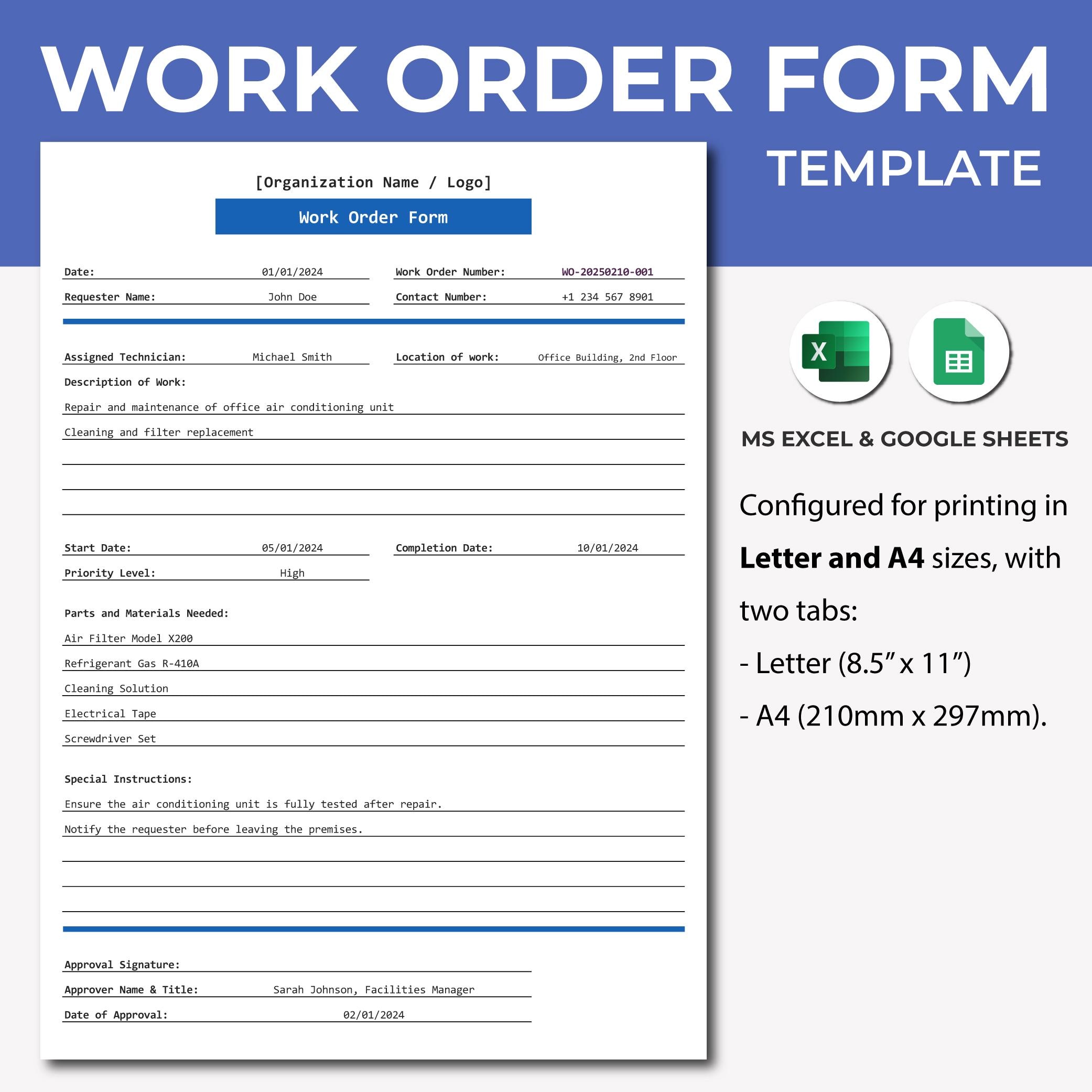 Simple Work Order Form Template | Printable Editable Excel Spreadsheet ...