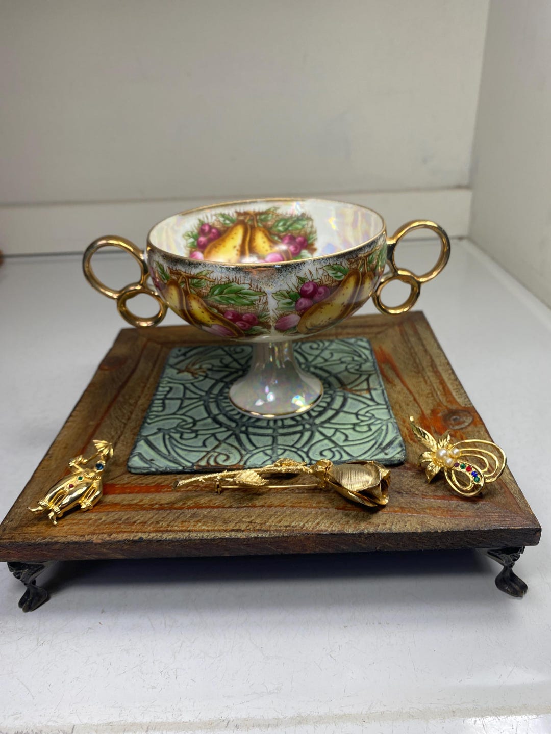 Footed Riser, Patina Distressed Metal and Wood Display Riser, Metal ...