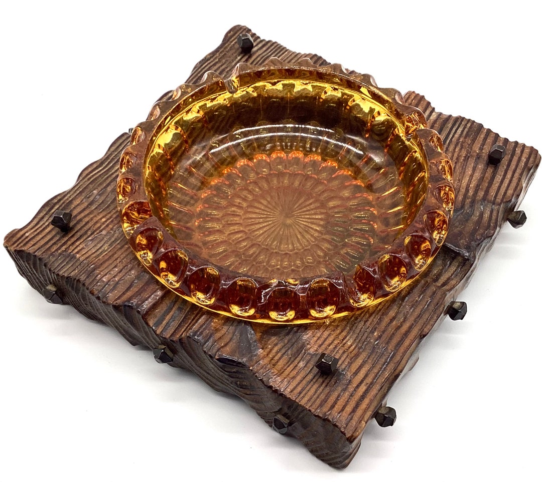 Brutalist MCM Wooden Ashtray Holder With Amber Ashtray Insert - Etsy