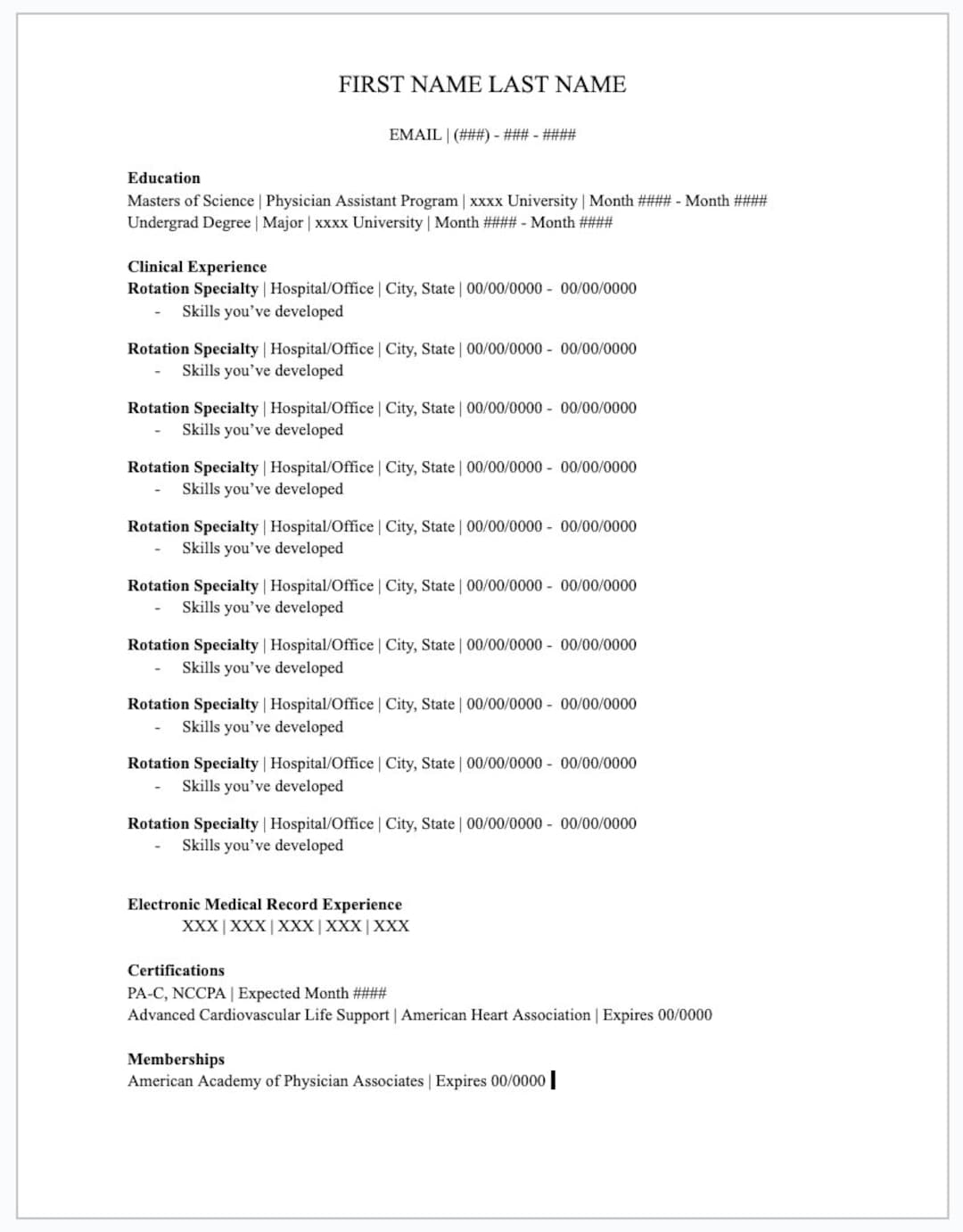 New Grad PA Resume Template - Etsy