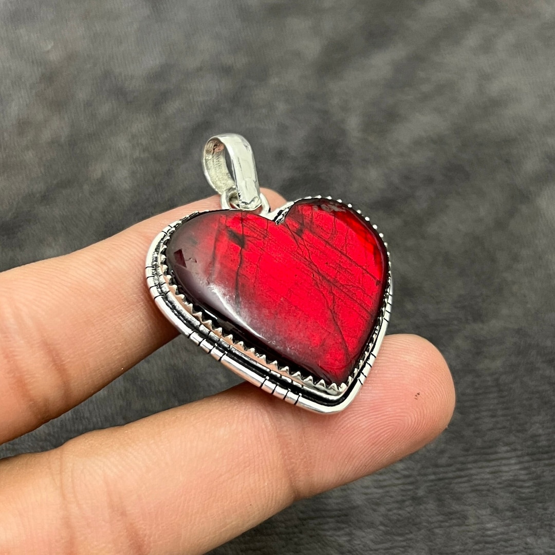 Heart Red Labradorite Pendant 925 Sterling Silver Pendant Handmade Red ...