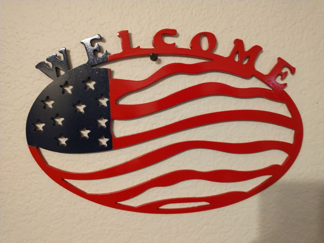 American Welcome Sign: Patriotic Metal Flag Sign for Wall Decor and ...