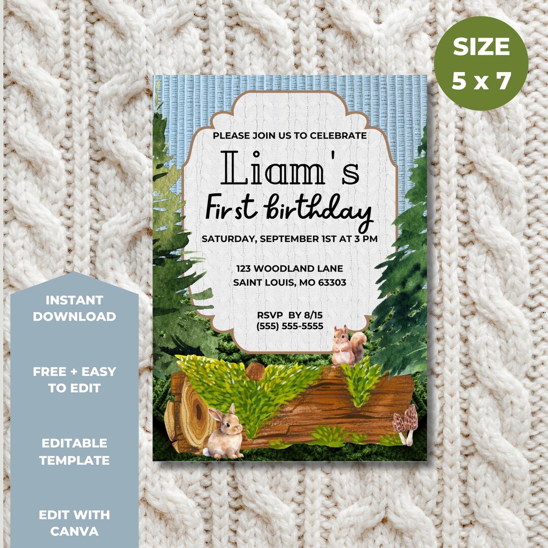 Woodland Birthday Invitation Template Editable With Canva – Forest ...
