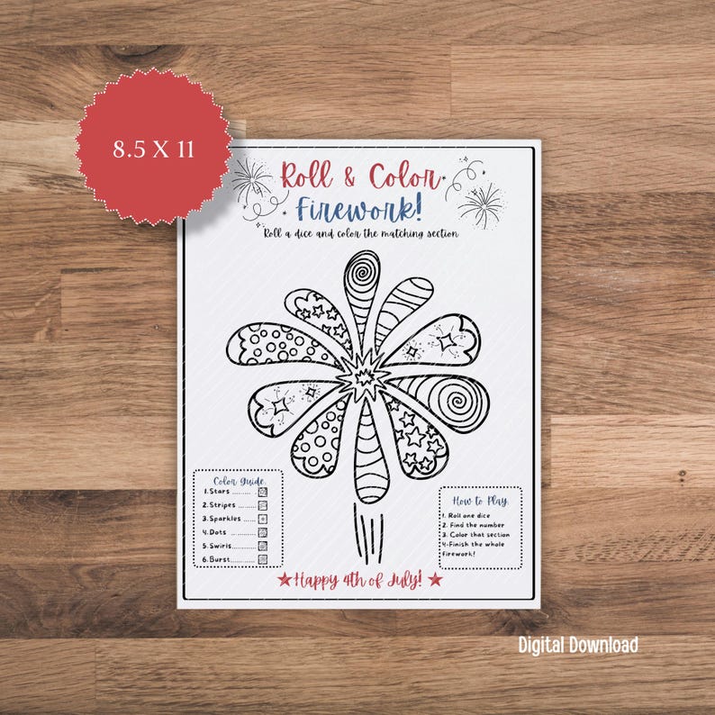 4th of July Kids Activity Game Printable | Roll & Color Firework Game ...